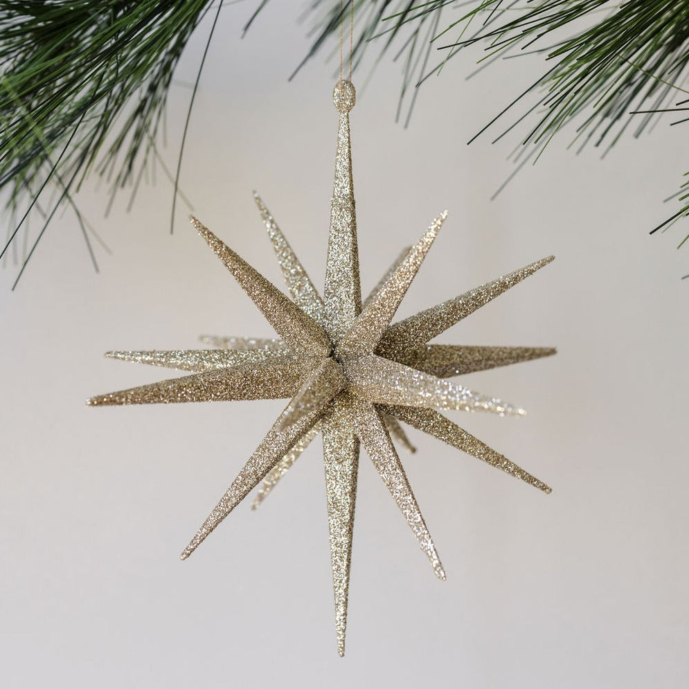 6" Gold Glitter Starburst Ornament - Set of 4