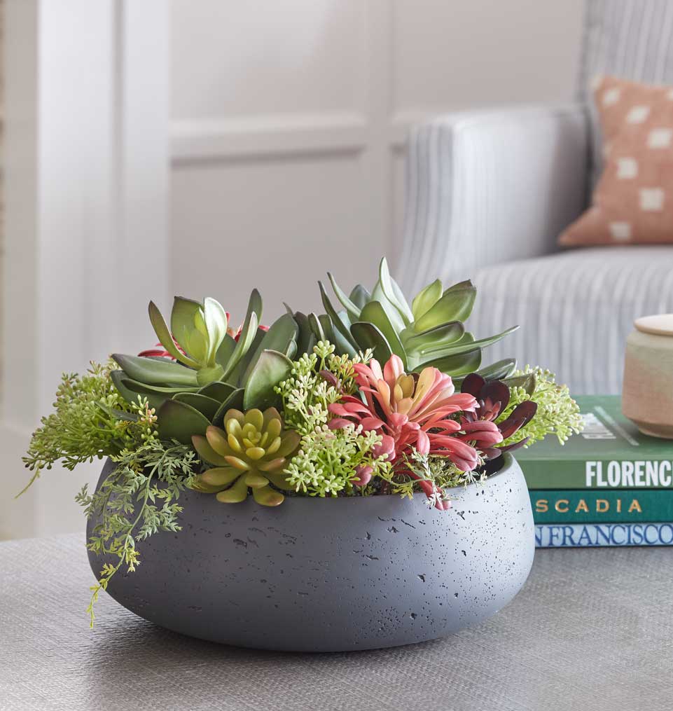 Round Artificial Succulent Arrangement, Gray Planter | CG Hunter